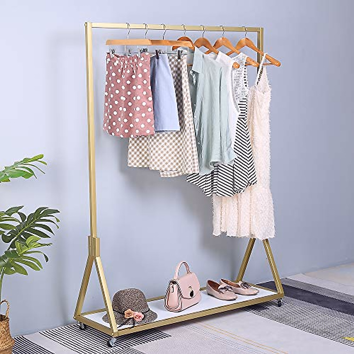 Ethemiable Clothing Store Modern Rolling Clothing Display Stands with Wheels,Storage Shoe Bag Pipe Shelf,Organization Garment Rack,Home Clothes Hanging Shelves（Gold with Wood Board, 47.2" L）