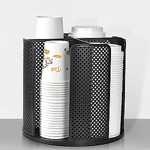 EOFJRUC Cup and Lid Organizer, 360° Rotatable Coffee Cup Dispenser for Disposable Plastic and Paper Cups of 5 to 16 oz, 4 Compartments Detachable Countertop Cup Holder, Black
