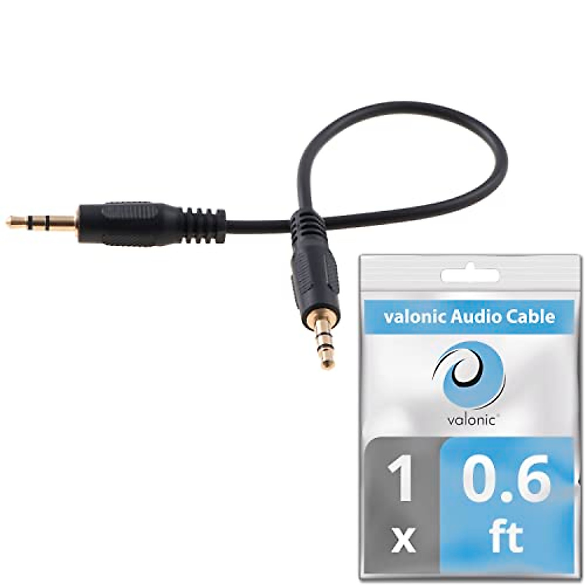 valonic Short Audio Cable - 0.6ft - 3,5mm - AUX Cord for car, TV or Phone - Male to Male - Black
