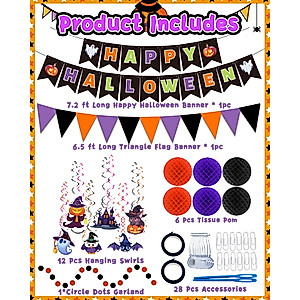 Oomloid Halloween Party Decorations Indoor - Happy Halloween Banner, Hanging Swirl Streamers, Halloween Sign Triangle Flag Bunting Halloween Supplies for Trunk or Treat Decorations