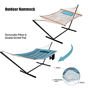 Lazy Daze Hammocks Double Outdoor Hammock with 12 ft Steel Stand, 2 Person Cotton Rope Hammock with Quilted Pad, Spreader Bars, Detachable Pillow, Mag Bag & Cup Holder, Blue Ocean Stripes