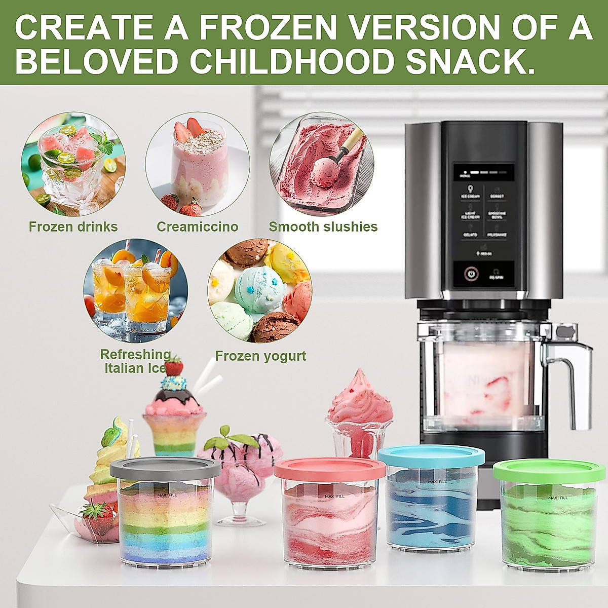 Containers Replacement for Ninja Creami Deluxe Pints and Lids - 4 Pack,16oz Creamy Ice Cream Cups Jars Canisters Set Compatible with NC299AMZ & NC300s Series Ice Cream Maker-Airtight Dishwasher Safe