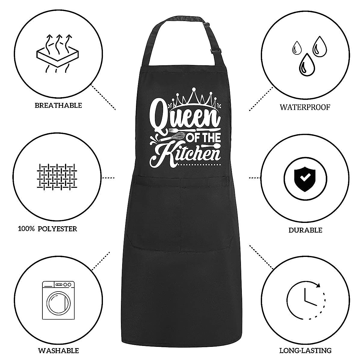 POTALKFREE Funny Aprons for Women with 2 Pockets, Queen of The Kitchen, Adjustable Bib Water Resistant Cooking Chef Apron, Gifts for Mom, Wife, Friends
