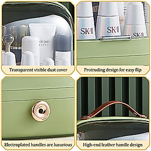 MIUOPUR Large Makeup Organizer with Brush Holder, Cosmetic Display Case with Drawer, Waterproof and Dustproof Transparent Cover, Portable Handle, Suitable for Bathroom and Bedroom -Green