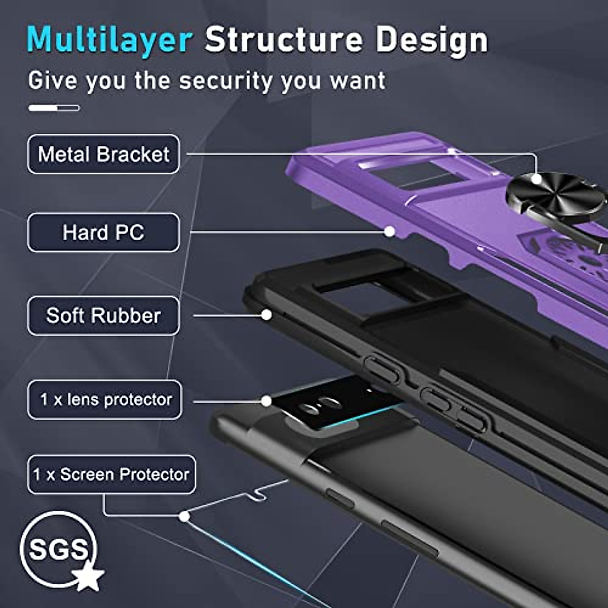 Google Pixel 7 Case with Screen Protector + Camera Lens Protector,Heavy Duty Shockproof Full Body Protective Phone Cover,Built in Rotatable Magnetic Ring Holder Kickstand,2022 Lavender