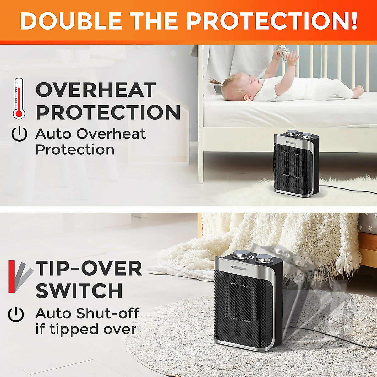 Mueller Portable Space Ceramic Heater 750W/1500W, High Output Fan, Adjustable Thermostat, with overheat/tip over protection for Home Bedroom or Office, ETL Certified