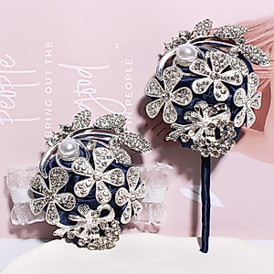 WANLIAN Wrist Corsage with Peal and Rhinestone Corsage and Boutonniere Set for Wedding,Prom,Party (Silver Navy Blue，2 Pieces)