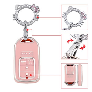 Pangpai Pink Key Fob Cover for Honda, Soft TPU Key Case Protection with Bling Keychain Fit for Honda Accord Civic CRV Pilot Odyssey Smart Key Holder
