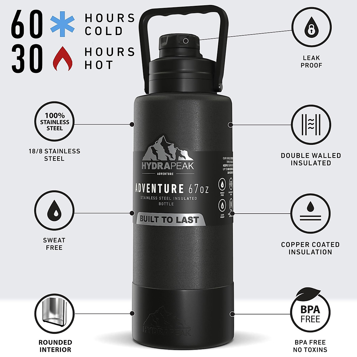 Hydrapeak Adventure 67oz Insulated Water Bottle with Handle, Large Stainless Steel Thermos with Matching Rubber Boot, Double Wall Insulation Keeps Drinks Cold for 60 Hrs and Hot for 30 Hrs (Black)