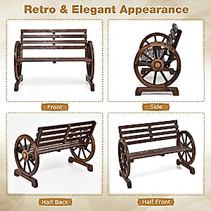 Giantex Outdoor Bench Wooden Wagon Wheel Bench, 2-Person Outdoor Garden Bench W/Slatted Seat, Backrest, Armrests for Backyard, Garden Rustic Retro Style Outside Decor Lounge Furniture Patio Bench