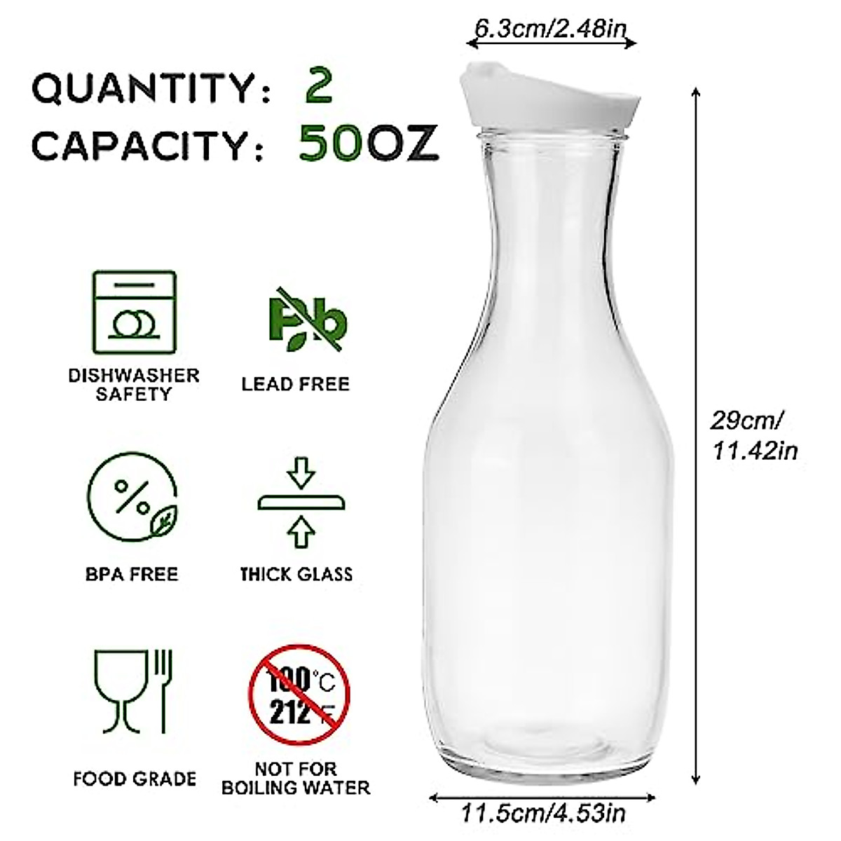 CUCUMI 2pcs 50oz Glass Carafe with Lids, 1.5 Liter Glass Water Pitcher Juice Containers Beverage Jugs for Mimosa Bar, Brunch, Cold Beverage