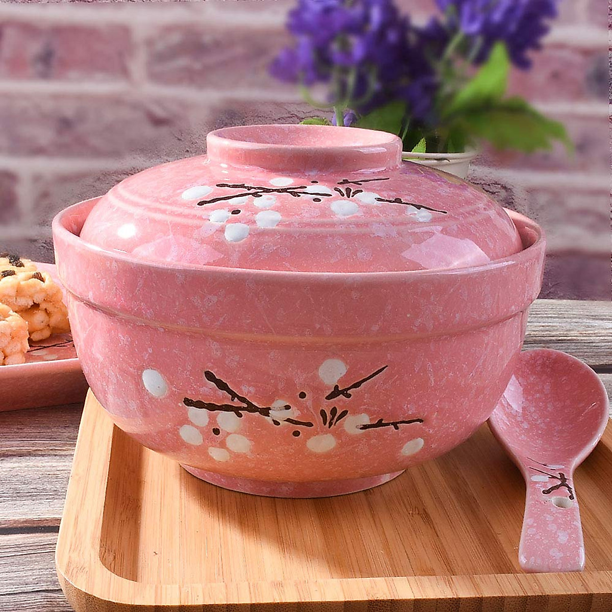 Whitenesser Ceramic Bowl with lids, Japanese Big Ceramic Ramen Bowl with Lid for Soup Rice Noodle and Porridge (Pink Flower