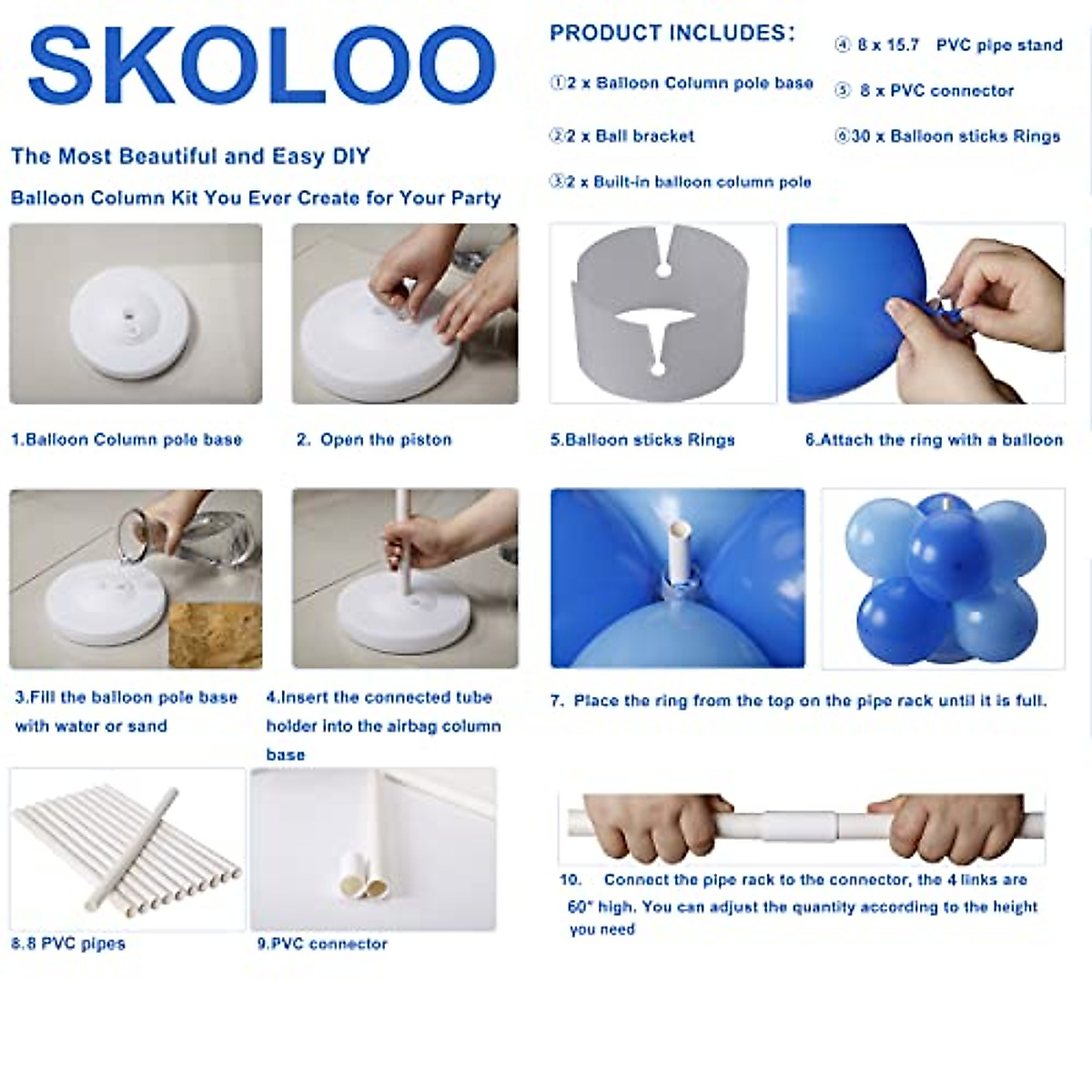 SKOLOO Balloon Column Stand Kit for Floor, 5 Feet Balloon Column Kit, Set of 2, Balloon Tower Assembly Kit for Wedding Birthday Graduation Party Event Supplies Decoration