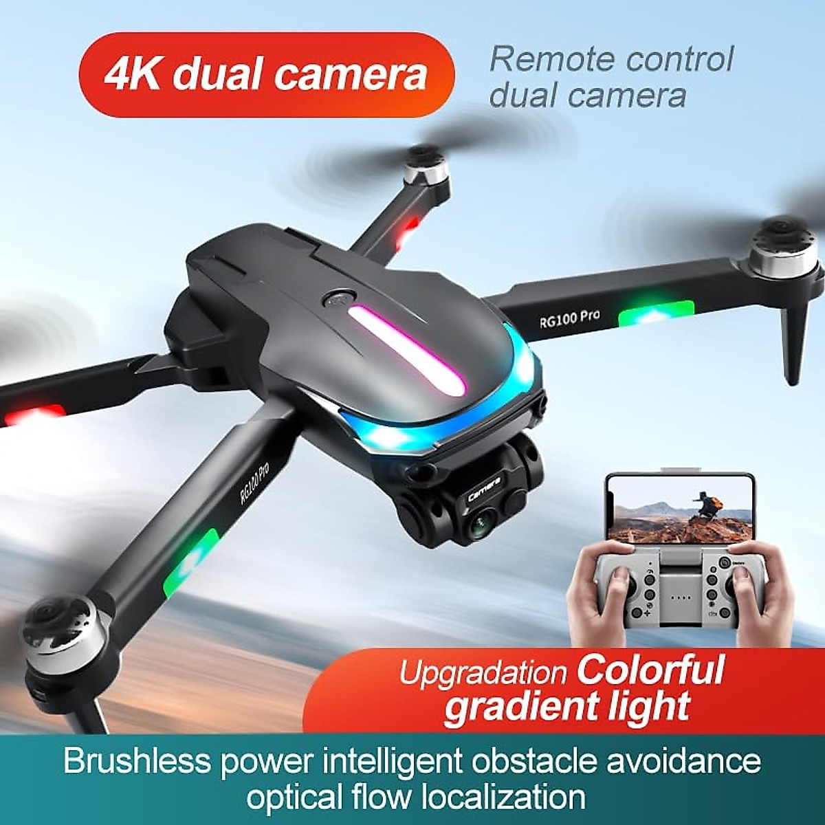 Asiasioc Dual 4K Hd FPV Camera Drone Dual Camera Three Side Obstacle Avoidance Brushless 2.4G WiFi Foldable RC Quadcopter FPV Helicopter