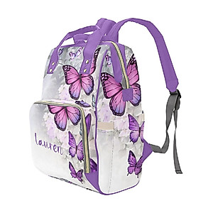 Anneunique Fantasy Cute Purple Butterfly Diaper Bags Backpack with Name Personalized Baby Bag Nursing Nappy Bag Travel Tote Bag Gifts for Mom Girl, 10.83 x 6.69 x 15 Inch