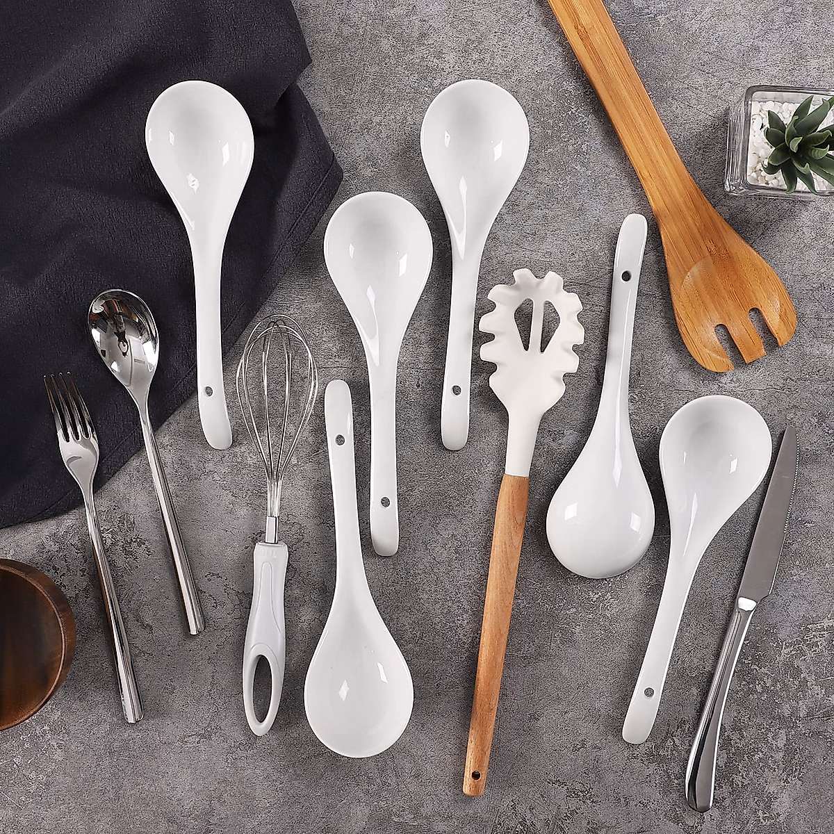 Buyajuju Porcelain Mini Size Ladles, 9 inch Large Soup Spoons, 6 Pieces Premium White Porcelain Spoons, Ladles for Stews, Chinese Noodles Spoons, Long Ladle Big Japanese Spoons