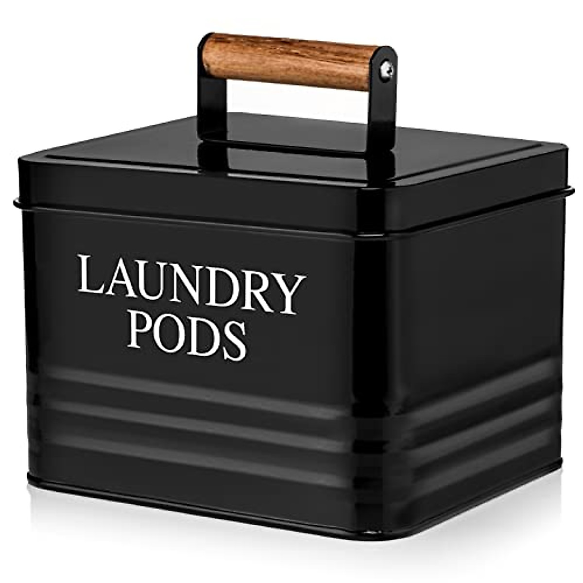 Calindiana Modern Farmhouse Metal Laundry Pods Holder Container with Lid for Laundry Room Decor and Accessories and Space Saving Organization and Storage, Holds 81 Laundry Pods, Black