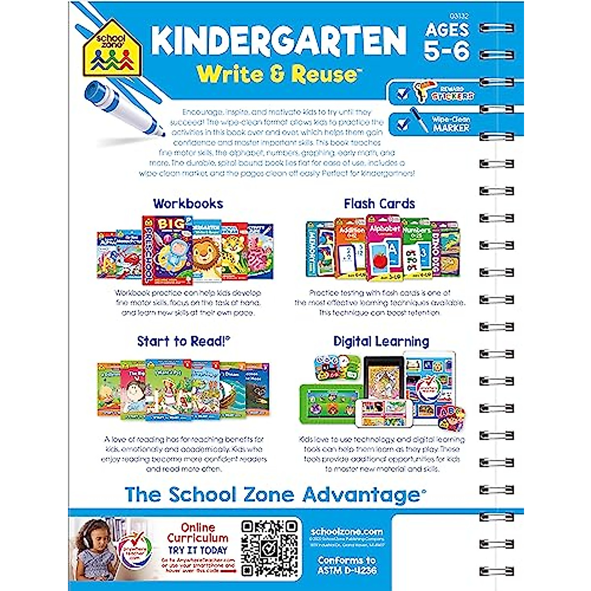 School Zone - Kindergarten Write & Reuse Workbook - Ages 5 to 6, Spiral Bound, Write-On Learning, Wipe Clean, Includes Dry Erase Marker, Early Math, and More (School Zone Write & Reuse Workbook)