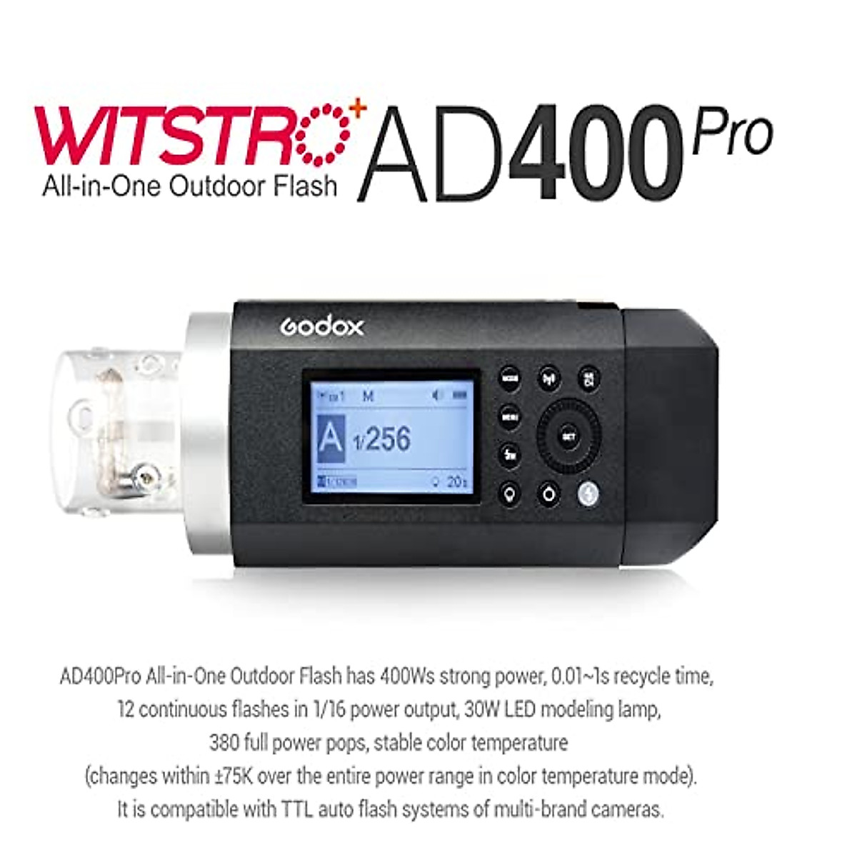 Godox AD400 Pro Godox AD400Pro All-in-One Outdoor Flash Has 400ws Strong Power,0.01~1s Recycle Time,12 Continuous Flashes in 1/16 Power Output,30W LED Modeling Lamp,380 Full Power Pops