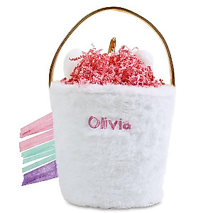 Lillian Vernon Personalized Plush Unicorn Bunny Easter Basket Tote - 13" H, Reusable Stuffed Animal Baskets With Custom Name, Pink Girl Egg Hunt