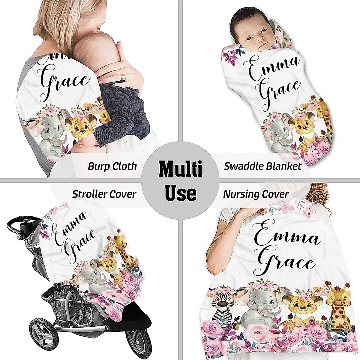 Jump Up Personalized Rose Safari Baby Blanket,Jungle Animal Baby Blanket,Baby Safari Nursery,Jungle Crib