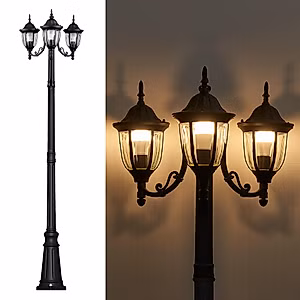 LEDIARY Outdoor Post Light with Clear Glass Panels, Triple-Head Vintage Street Lights for Yard, Pathway, Garden, Backyard, Walkway Black Post Light Fixtures, ETL Listed