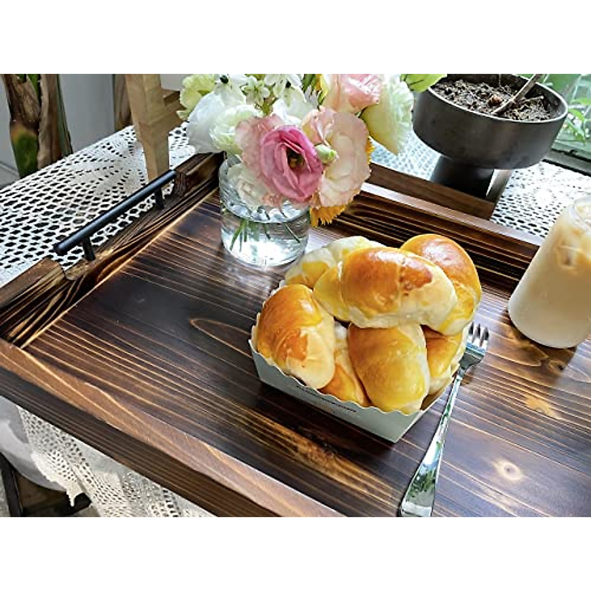 Ottoman Serving Tray - Rustic Farmhouse Decor; Lightweight with Metal Handles - Coffee Table Or Ottoman, Perfect for Parties, Decoration, Breakfast in Bed, Wine, Food, Tea! (Brown Tray)