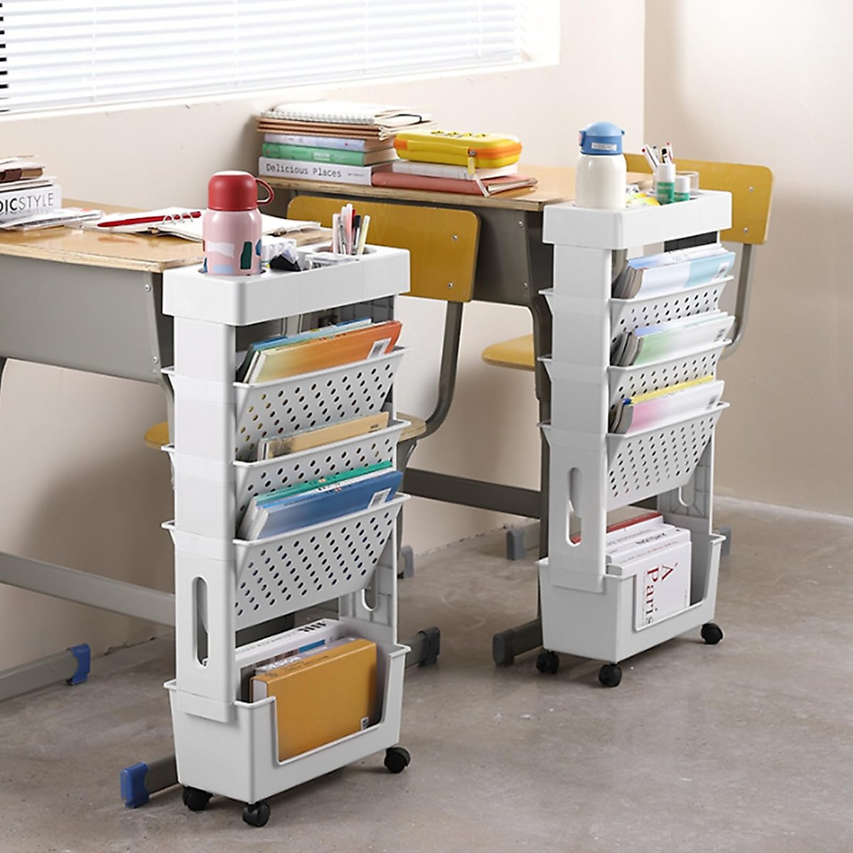 Movable Bookshelf Cart Rotatable Removable Plastic Multifunctional Rolling Cart Deskside Bookshelf Desk Organizer with Wheels (6 Layer)