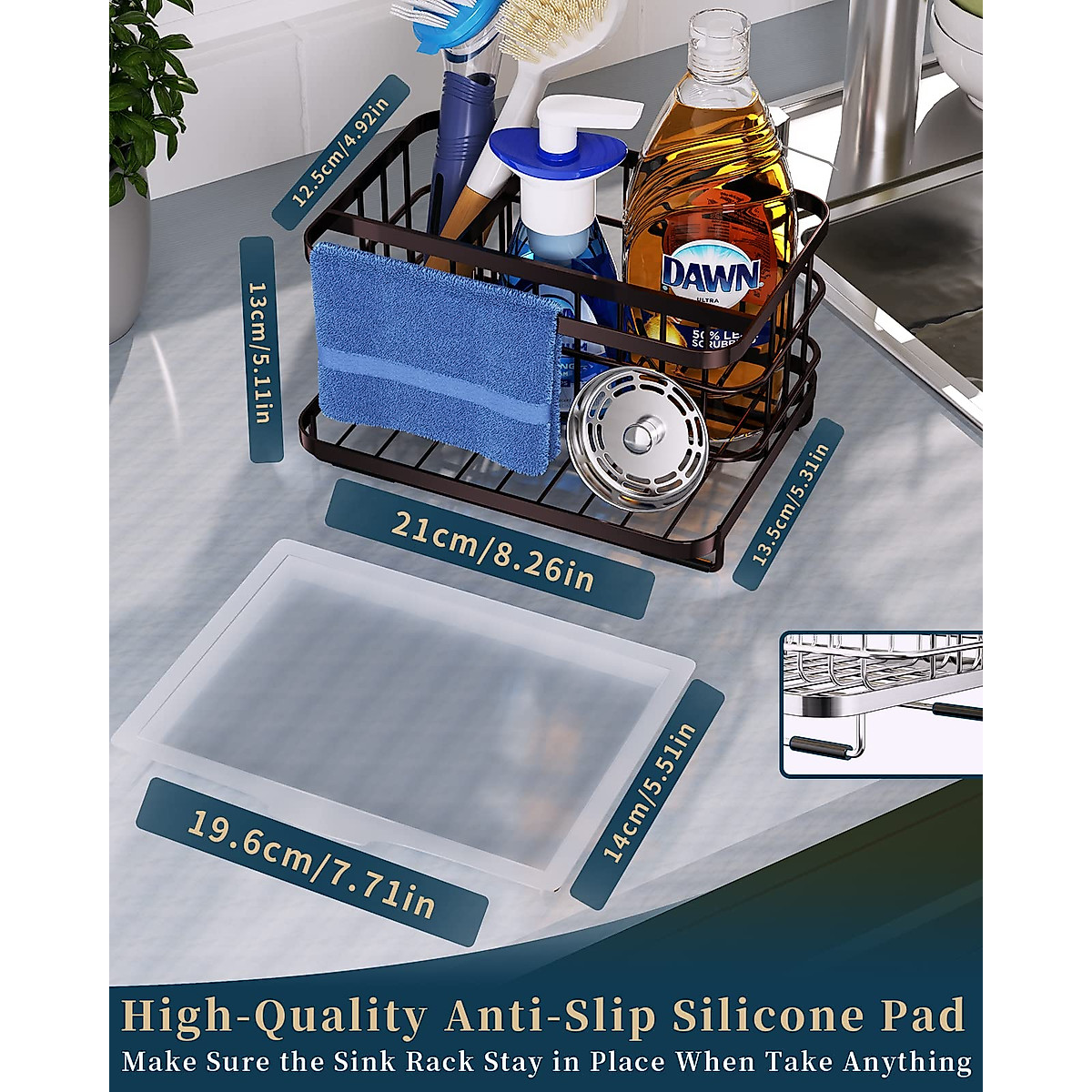 Consumest Sink Caddy, Sponge Holder for Kitchen Sink with Drip Tray, Non-Slip Kitchen Sink Organizer for Countertop, SUS304 Stainless Steel Rustproof Sink Rack - Bronze