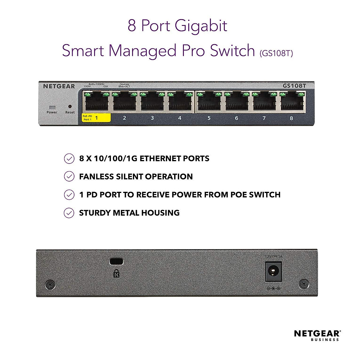 NETGEAR 8-Port Gigabit Ethernet Smart Switch (GS108T) - Managed, with 1 x PD Port, Optional Insight Cloud Management, Desktop or Wall Mount, Silent Operation, and Limited Lifetime Protection