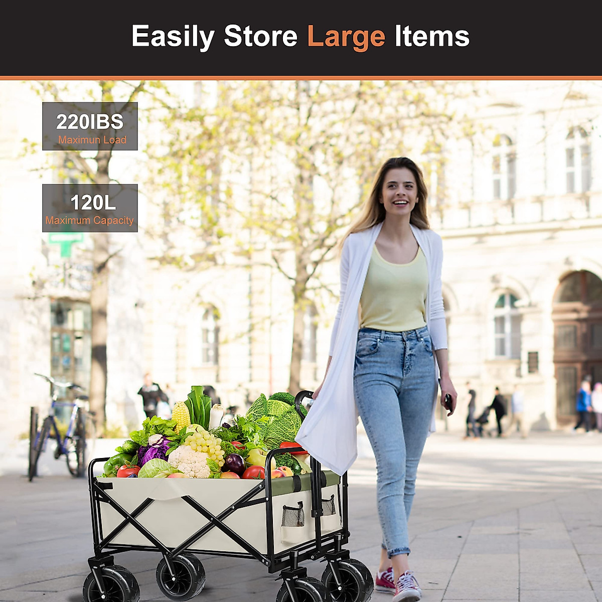 DOBEGARDEN Collapsible Folding Wagon Bearing 220lbs Beach Wagon Portable Utility Garden Cart Heavy Duty Grocery Wagon for Camping Picnic Shopping and Travel Trailer with All Terrain Silent Wide Wheels