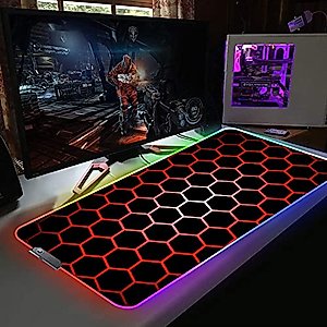 Gaming Mouse Pads Extended red Black Hexagon Art Pattern Anime LED Mouse Pad Large RGB Gaming Mousepad Desk Mat for PC Laptop,300X700mm