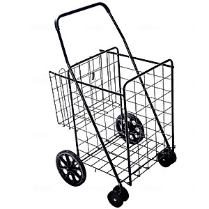 LS Jumbo Deluxe Foldable Utility Shopping Cart with Dual Swivel Wheels and Double Basket- 200 lb Capacity