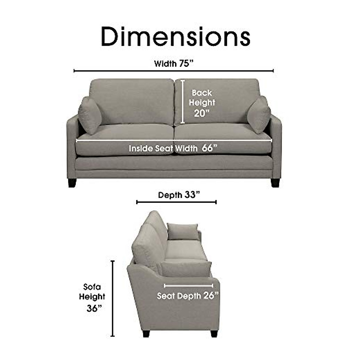 Serta Carmina Contemporary Upholstered 75" Living Room Sofa, Modern Couch for Two or Three, High Plush Seat Cushions and Back Pillows, Easy Assembly, Gray