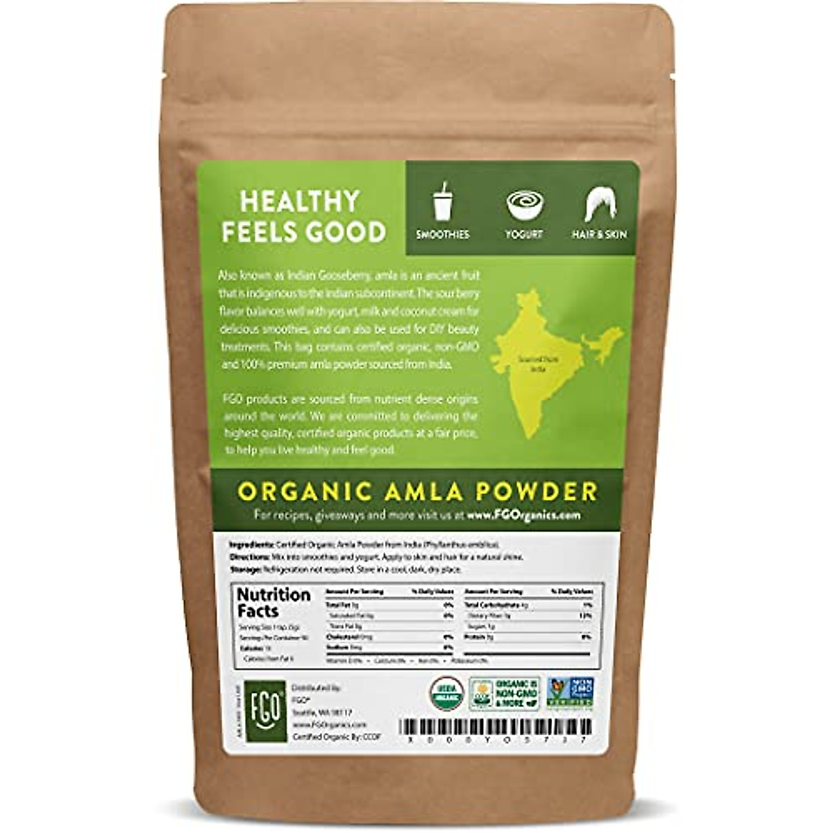 Organic Amla Powder (Amalaki) | 16oz Resealable Kraft Bag (1lb) | 100% Raw From India | by FGO