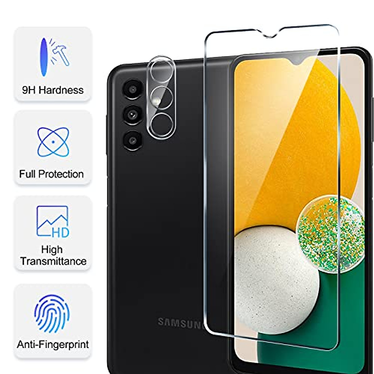 TQLGY 3 Pack Screen Protector for Samsung Galaxy A13 5G / 4G / LTE with 3 Pack Camera Lens Protector, Tempered Glass Film, 9H Hardness - HD - Bubble Free - Anti-Scratch - Easy Installation