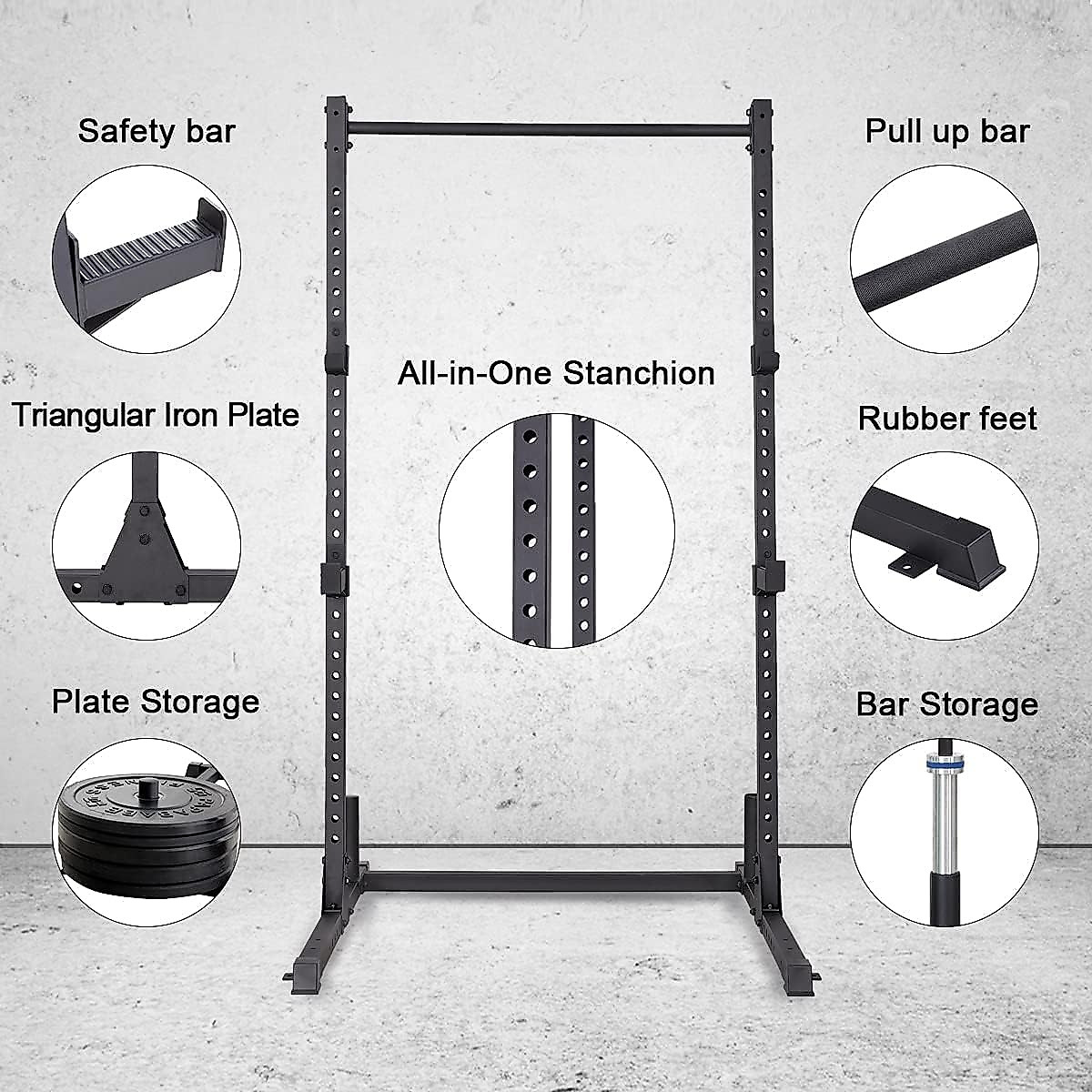 fissfire Squat Stand Home Gym 800lbs Workout Equipment Adjustable Power Rack with J-Hooks Safety Bar Pull Up Bar