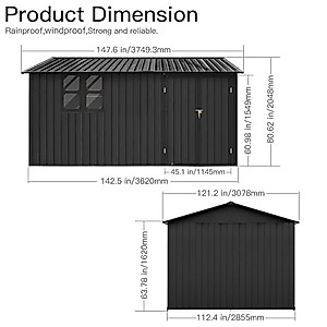 Evedy Extra Large Sheds 10ftx12ft,Outdoor Storage Sheds with Window,Metal Garden Sheds with Lockable Doors,Tiny House for Garden, Backyard, and Patio Utility and Tool Storage-Black