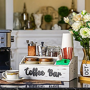 Wooden Coffee Bar Bin Box with Coffee Bar Letter Decor, Coffee Pod Holder Storage Gift Basket, Coffee Station Wooden Holder Nice for Farmhouse Kitchen Decor, Counter, Coffee Lover (White)