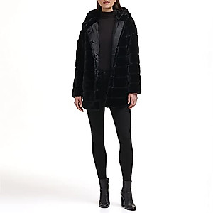 Kenneth Cole Women's Classic Style Faux Fur Coat, Hooded Mink Black, Large