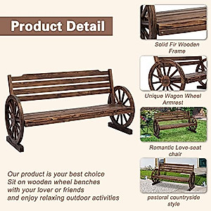 Kinfant Patio Bench Wooden Garden Seat - 55” Outdoor Rustic Brown 2-Person Wagon Wheels Furniture