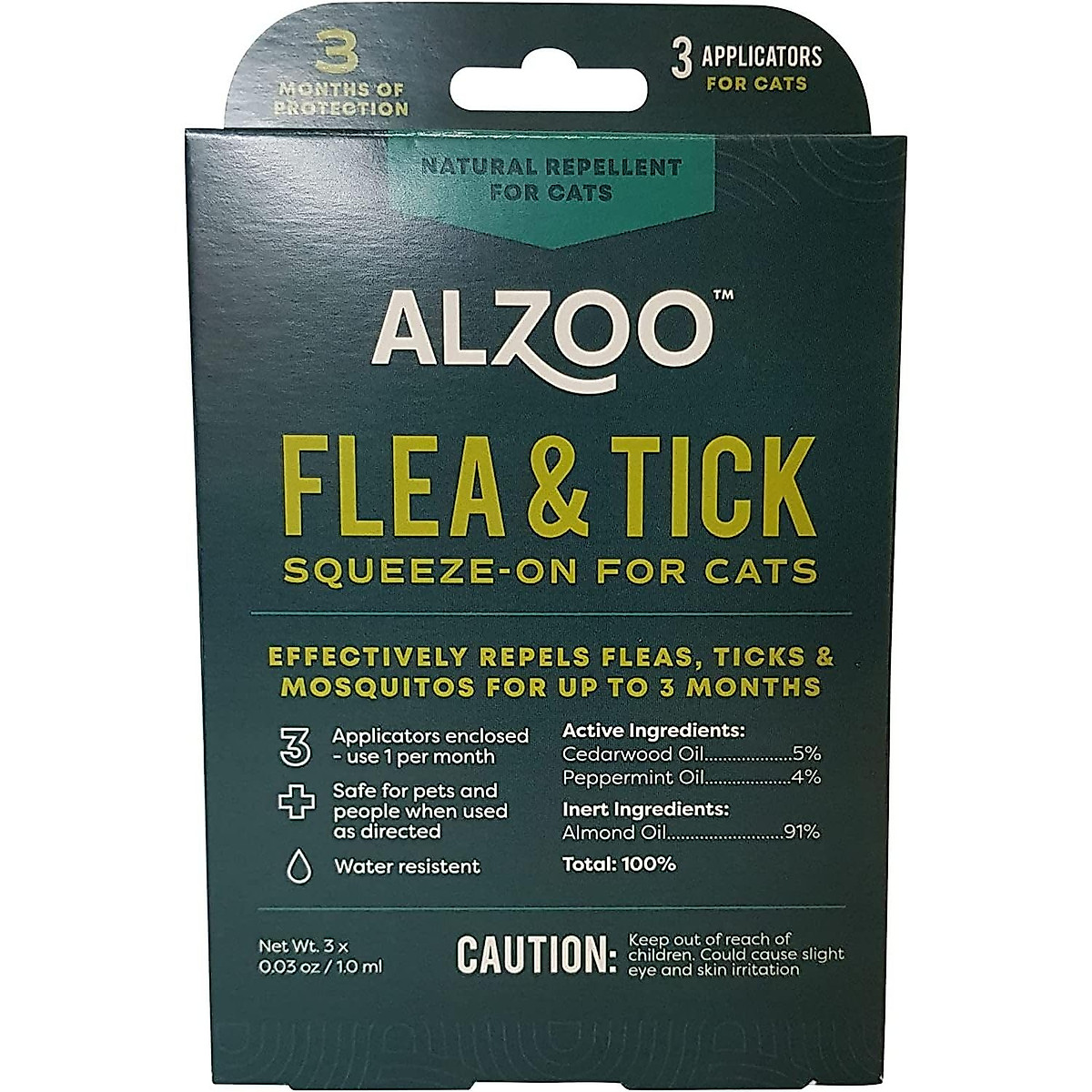 ALZOO Flea & Tick Squeeze-On for Cats, Helps Repel Fleas, Ticks & Mosquitos, Up to 3-Months Protection, 100% Plant-Based Active Ingredients, Water-Resistant, 3 EZ-On Applicators Per Pack