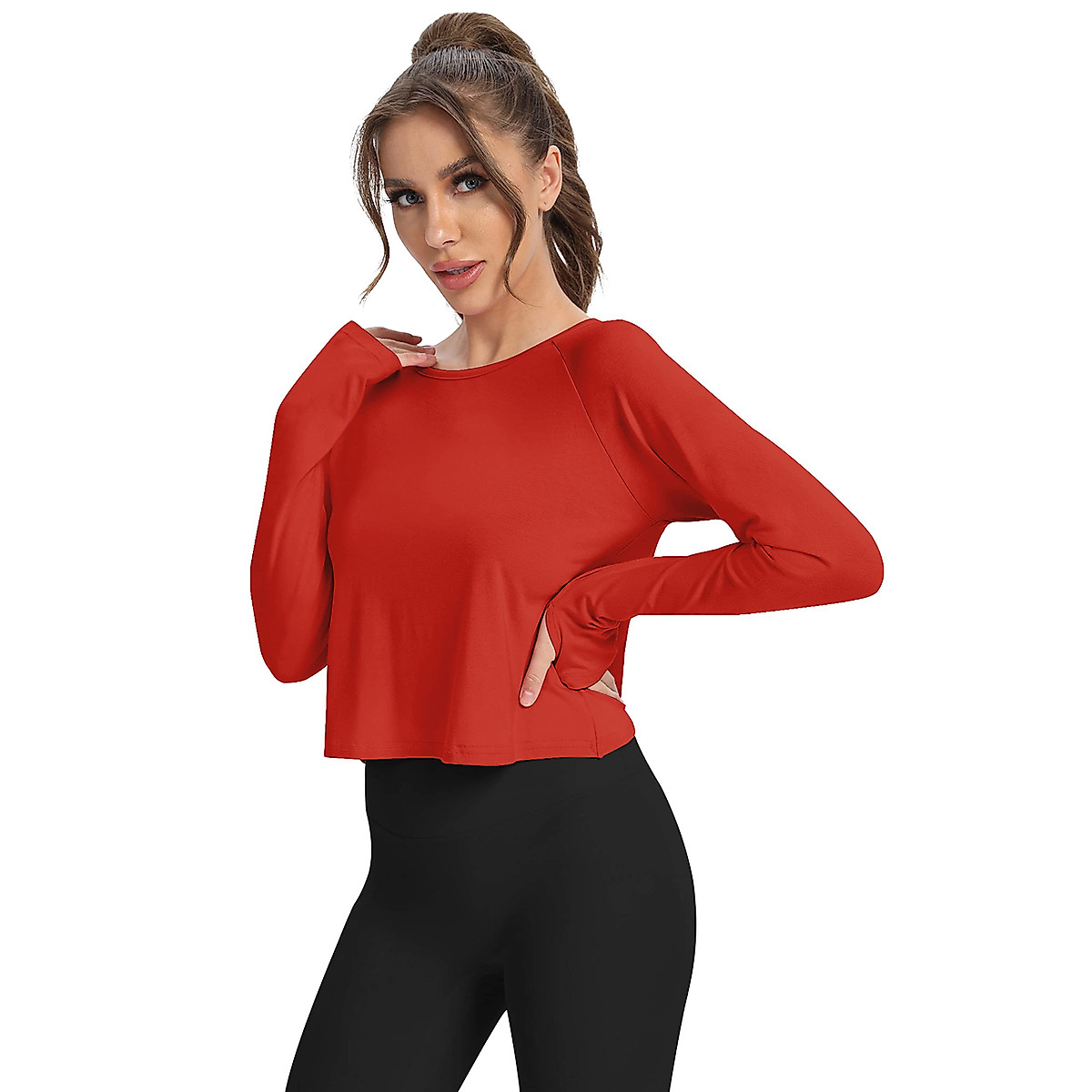 Mippo Womens Long Sleeve Workout Shirts Athletic Shirt Yoga Top Gym Wear Open Back Workout Top Cropped Workout Top Work Out Tshirts Pilates Clothes for Women Red L