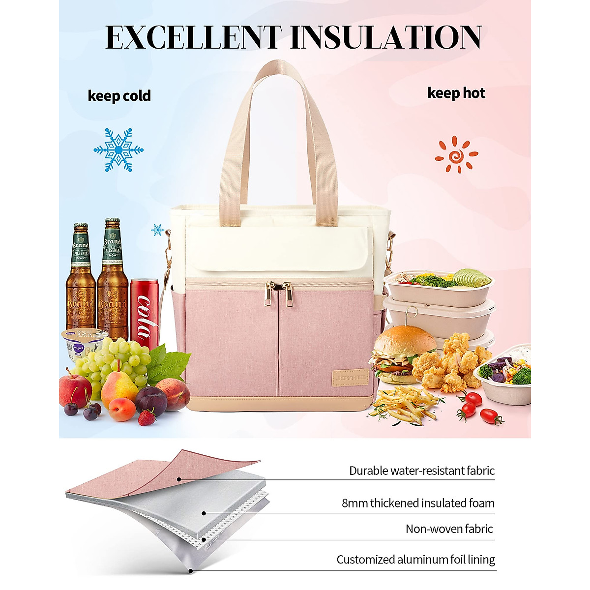 JOYHILL Lunch Bag for Women, Lunch Tote Leakproof Insulated Lunch Box with Shoulder Strap, Adult Reusable Lunch Cooler Tote Bags for Work Picnic Camping Beach (A-PINK)