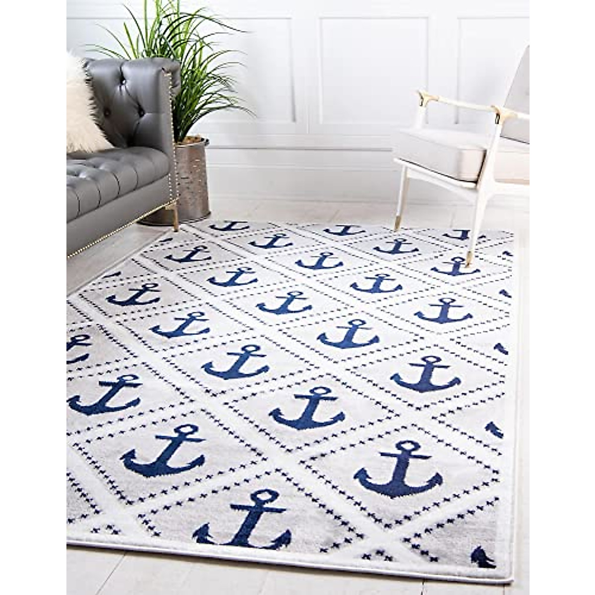 Unique Loom Metro Collection Modern Nautical Coastal Geometric Anchors Area Rug, for Kids, 5 ft x 8 ft, Light Gray/Ivory