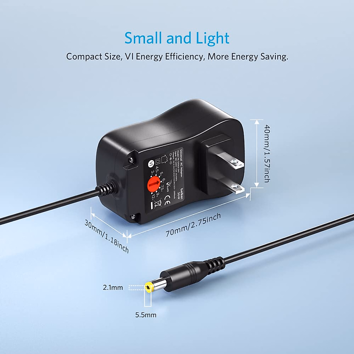 Belker 36W Universal 3V 4.5V 5V 6V 7.5V 9V 12V AC DC Power Adapter Supply for Household Electronics Routers TV Boxes LCD CCTV Cameras - 0.5A 1A 1.5A 2A 2.5A 3A 2500mA Max.