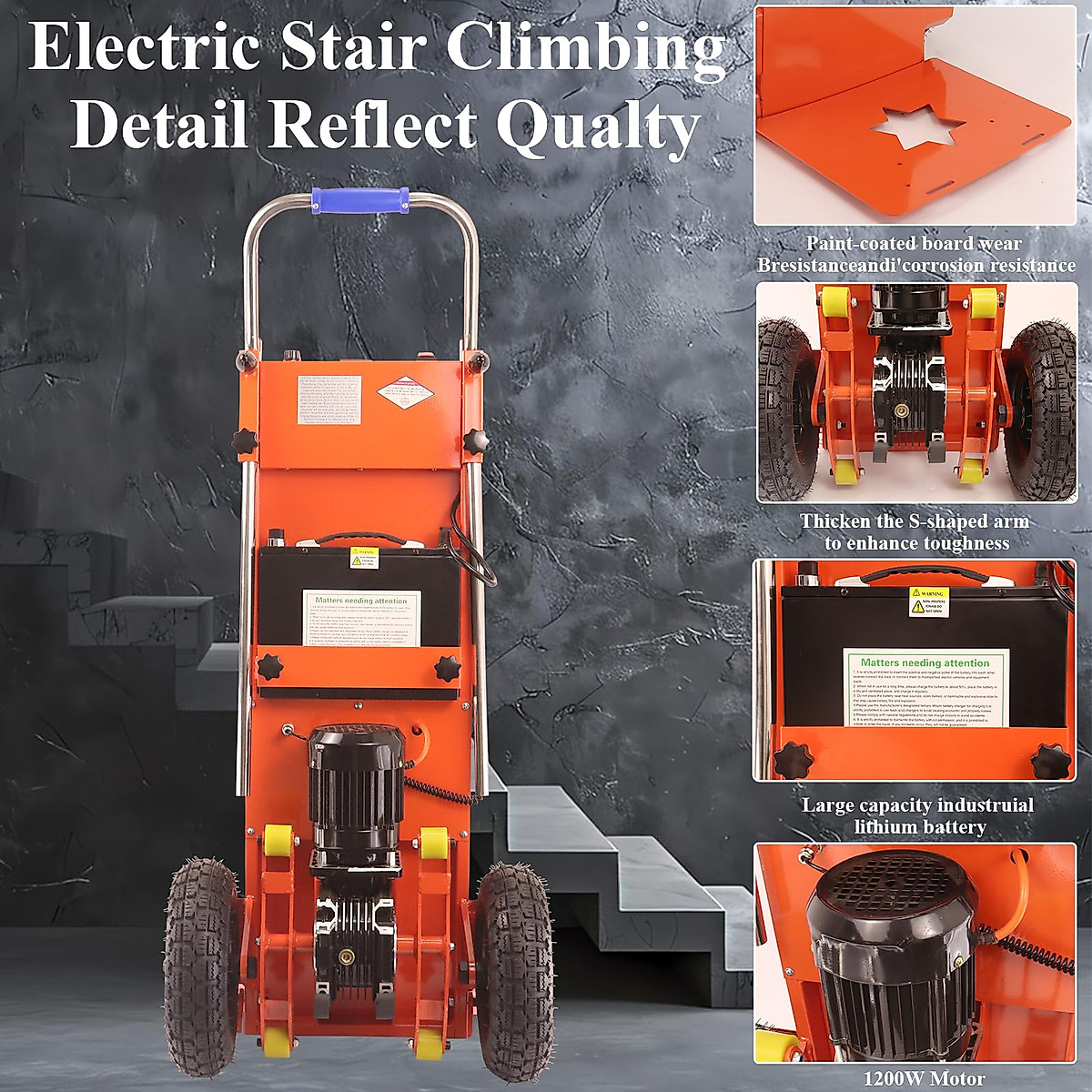 NPLJIKE Electric Stair Climbing Hand Trucks Cart Easy Up/Down with Solid Rubber Tires, 1200 W 880lb Max Load for Moving Warehouse Logistics Distribution 24Ah (Orange)