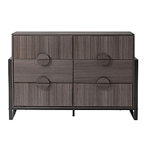 Aoikax Modern Fluted 6-Drawer Dresser, Farmhouse Wooden Chest of Drawers with Round Handles, Accent Storage Dresser for Living Room, Bedroom, Grey Wash