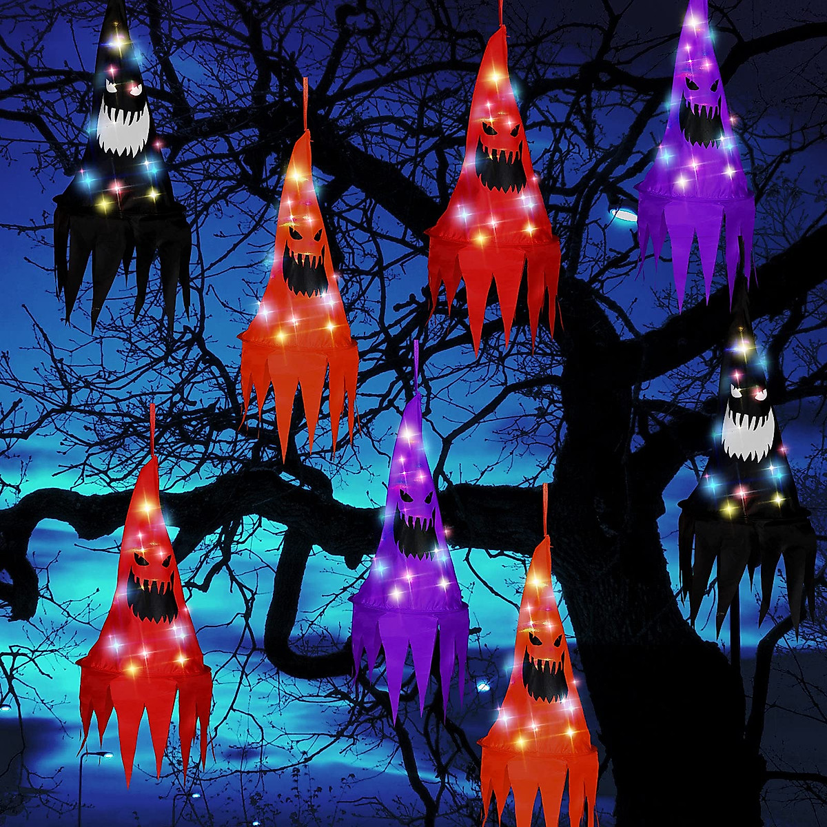 8 Pieces Halloween Witch Hat Decorations Witch Hats String Light Halloween Witch Decorations for Garden, Indoor, Yard, Tree, Party, Suitable for Ages 8 and up(Ghost Style)