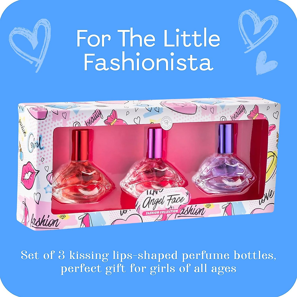 SCENTED THINGS Angel Face Perfume Set for Teen Girls, Body Spray Perfume for Kids, Girls 10-12 & Teenage, Fashion Collection Girl Gift Set, 3 Kissing Lips-Shaped Perfumes
